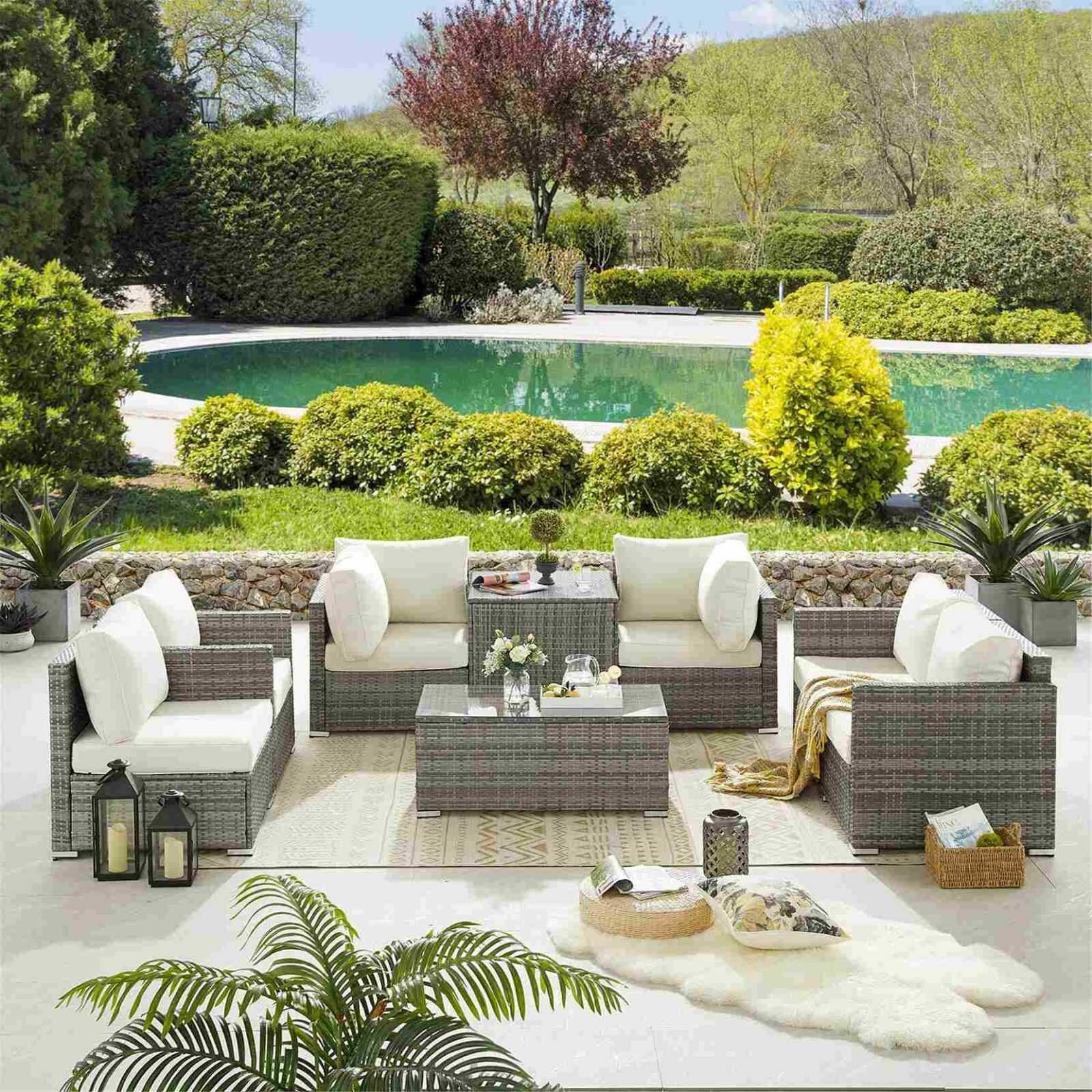 Six seater Outdoor sofa set with glass top center table & glass top ...